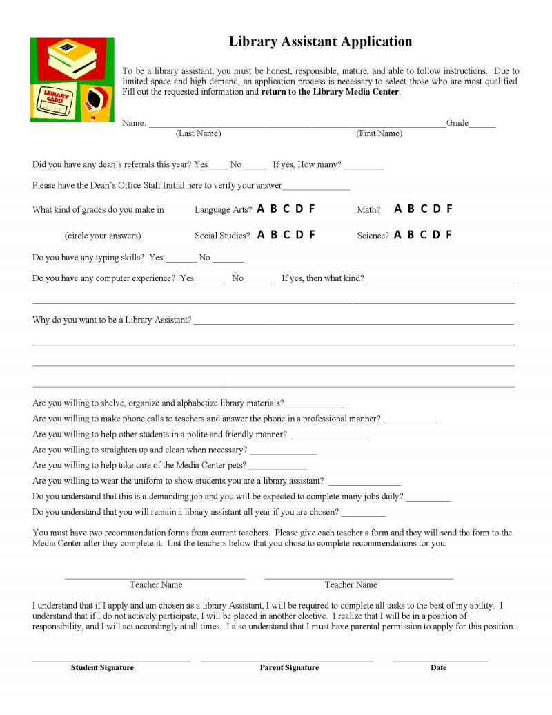 Application For Library Assistants (Includes Teacher Recommendation ...